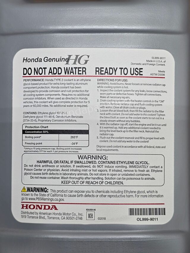 HONDA Coolant Type 2 (Blue) 1 U.S. Gal (3.78L) 50/50 Mix OL999-9011 ...